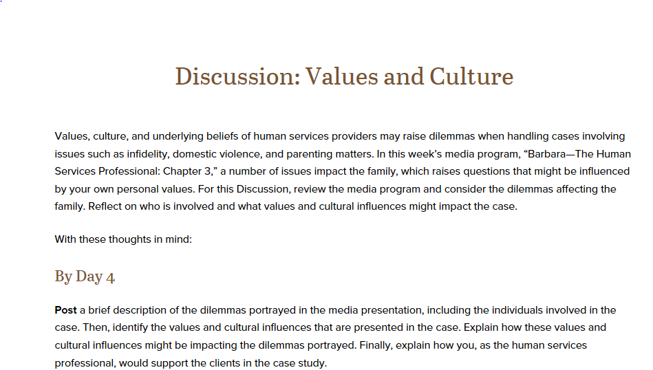 Discussion: values and culture | Social Science homework help
